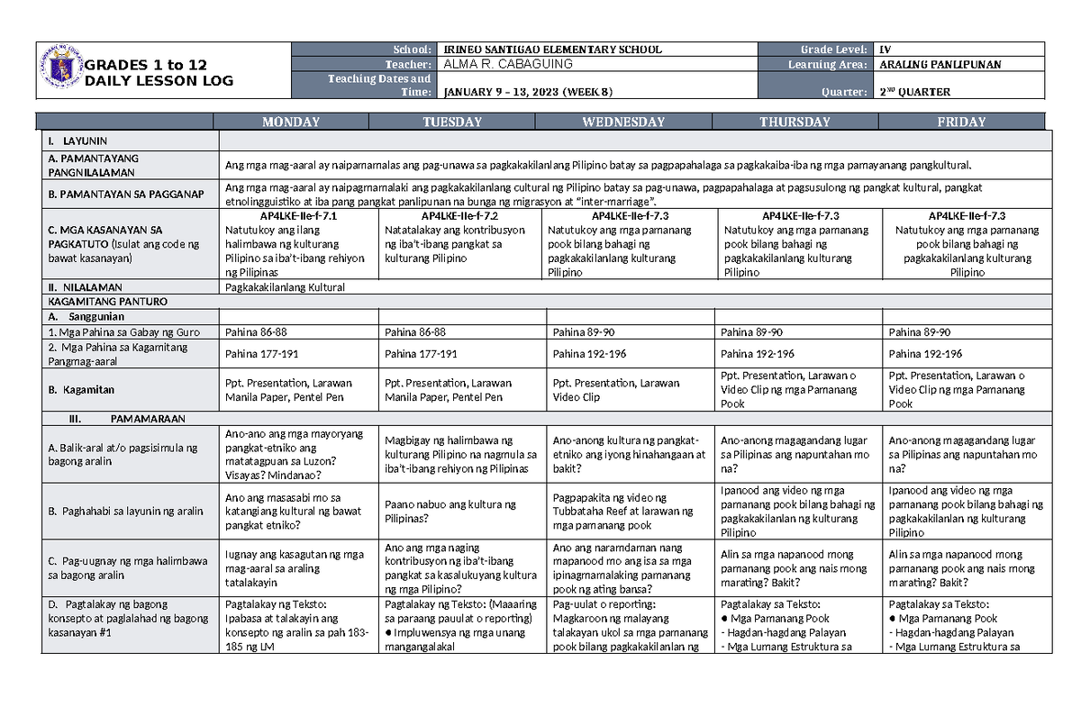DLL Araling- Panlipunan-4 Q2 W7 - GRADES 1 to 12 DAILY LESSON LOG School: IRINEO SANTIGAO ...