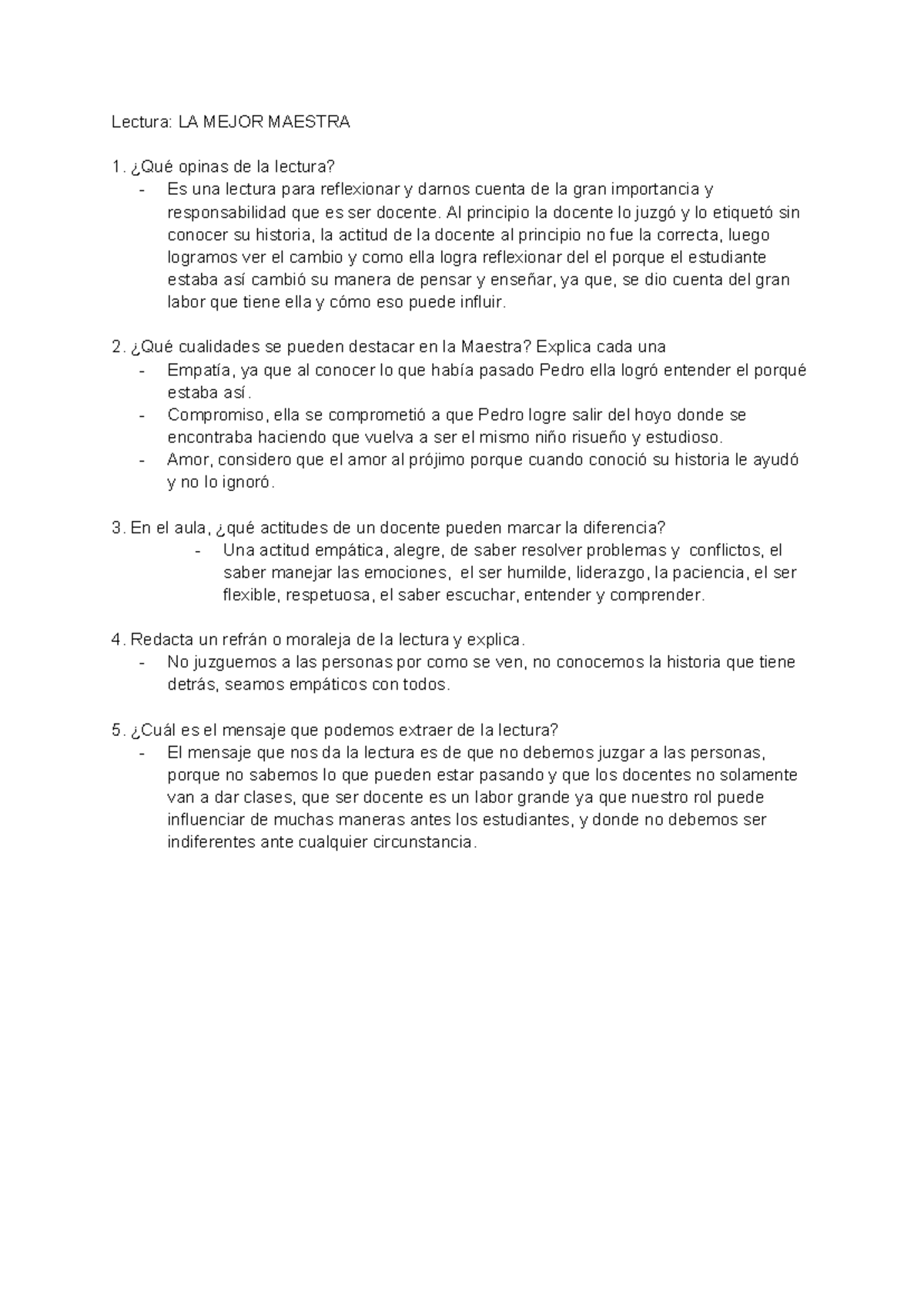Respuestas de la lectura LA Mejor Maestra - Lectura: LA MEJOR MAESTRA ...