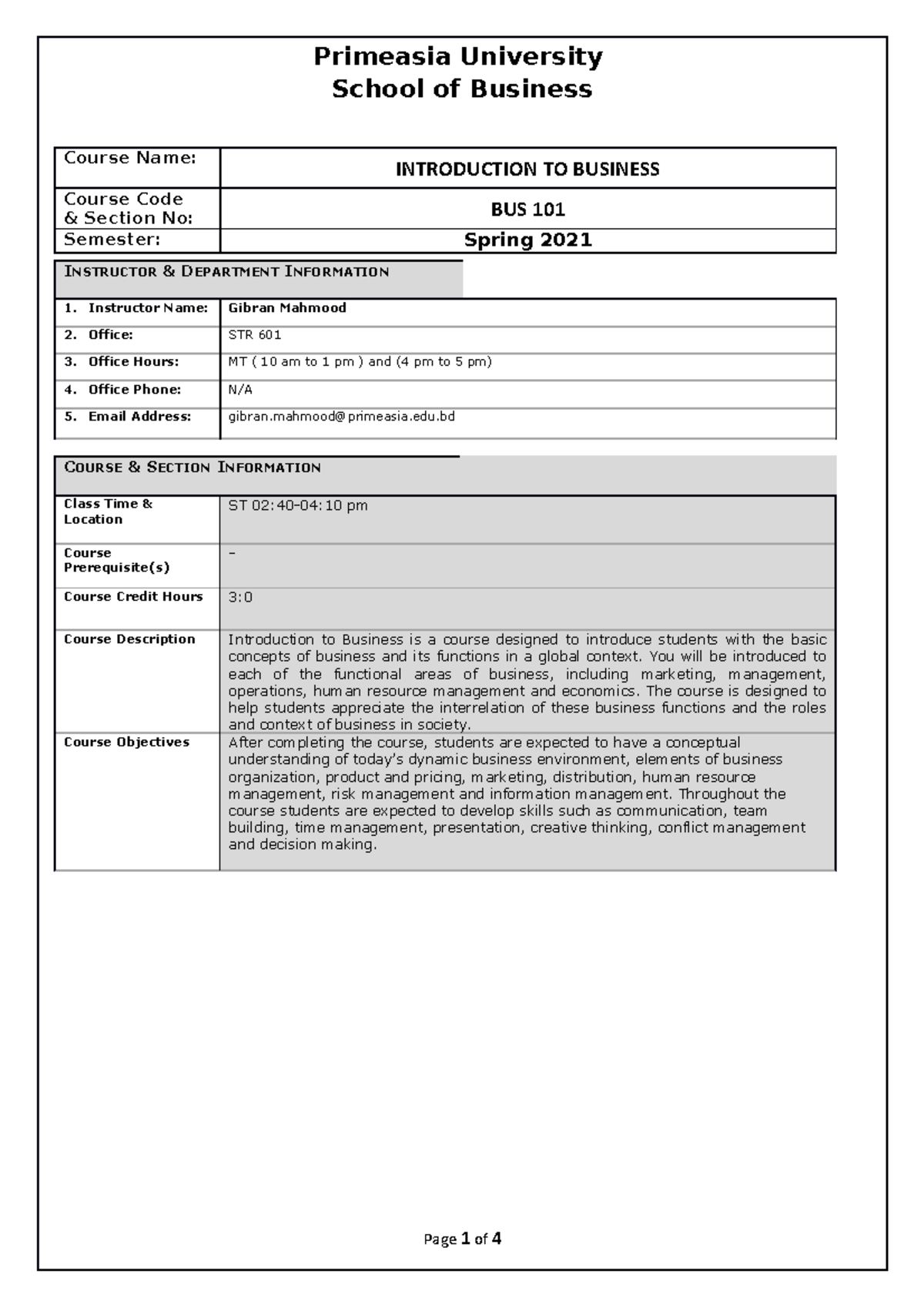 Course outline bus101 - Primeasia University School of Business Course ...
