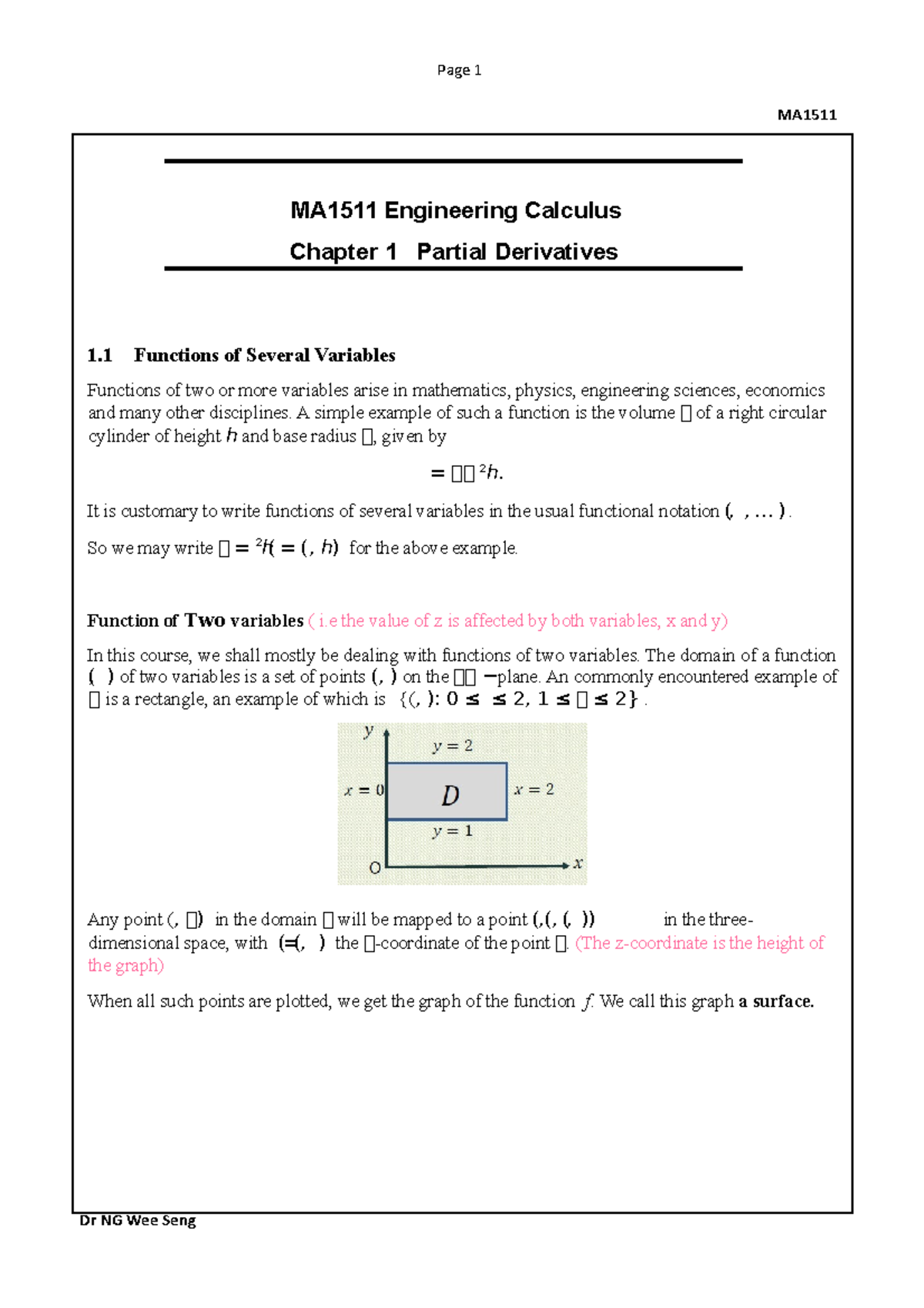 MA1511 2021S1 Chapter 1 Partial Derivatives - MA MA1511 Engineering Calculus Chapter 1 Partial ...
