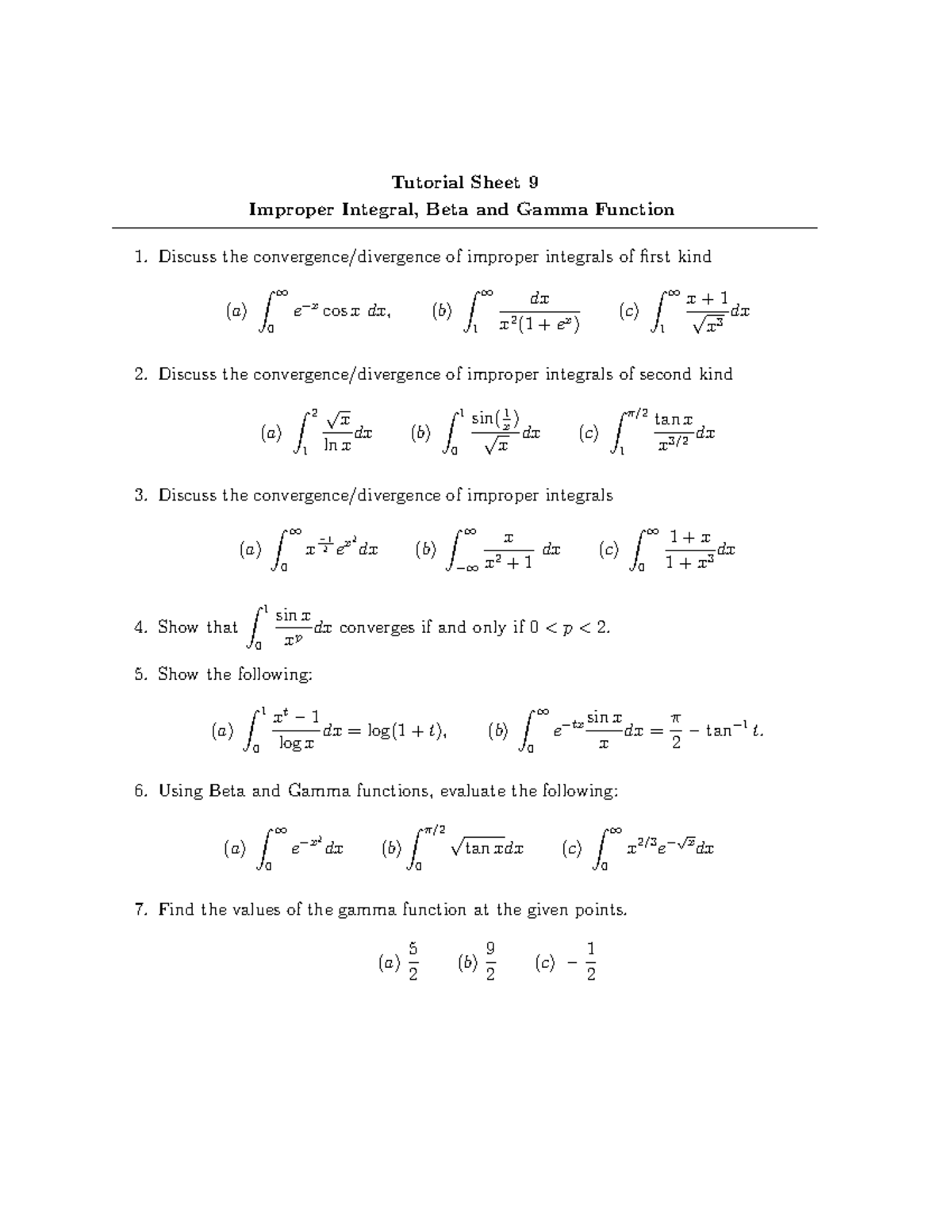 Tutorial 9 Improper Integrals Tutorial Sheet 9 Improper Integral Beta And Gamma Function