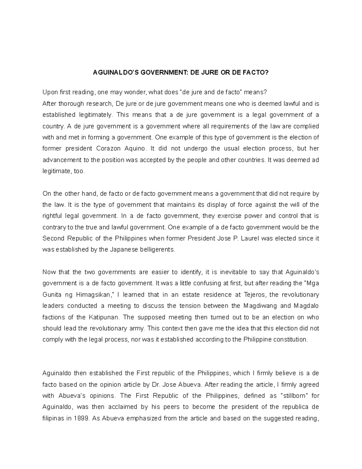 Aguinaldos's Government De Jure or De Facto - AGUINALDO’S GOVERNMENT ...