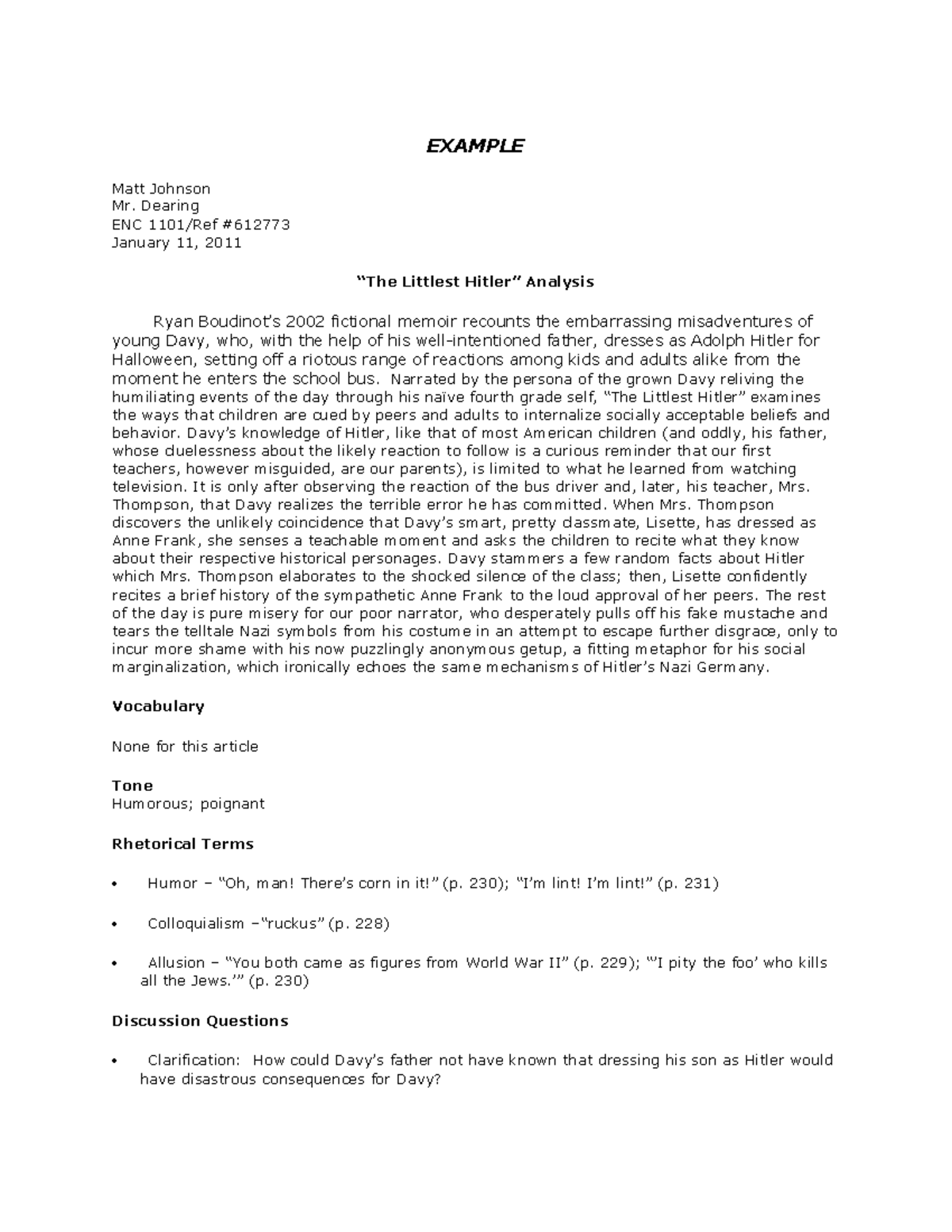 Example Littlest Hitler - EXAMPLE Matt Johnson Mr. Dearing ENC 1101/Ref ...