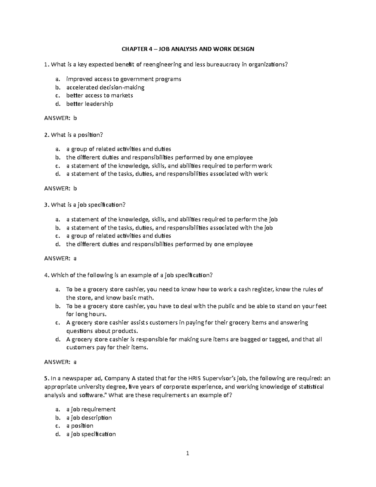Chapter 4 - Job Analysis and Work Design - CHAPTER 4 – JOB ANALYSIS AND ...