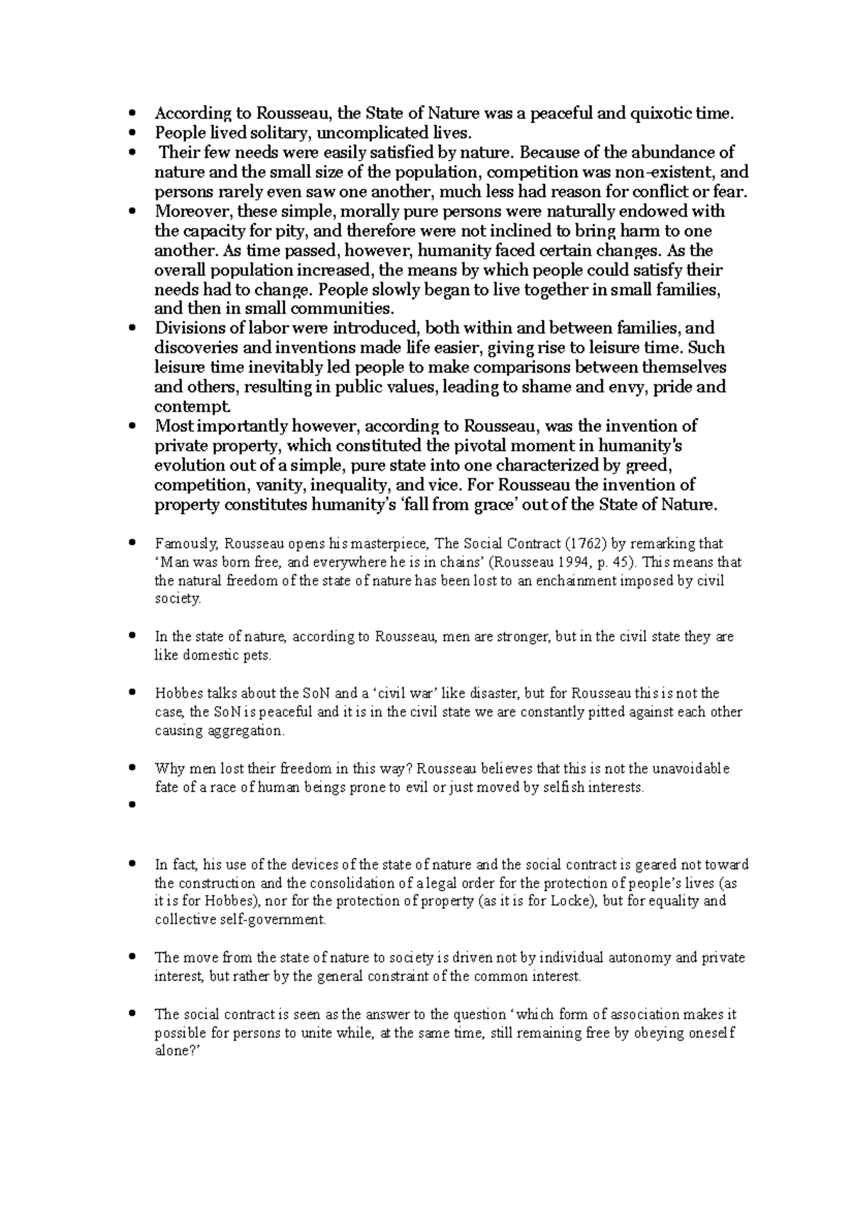 Rousseau - Summary JURISPRUDENCE - According to Rousseau, the State of ...