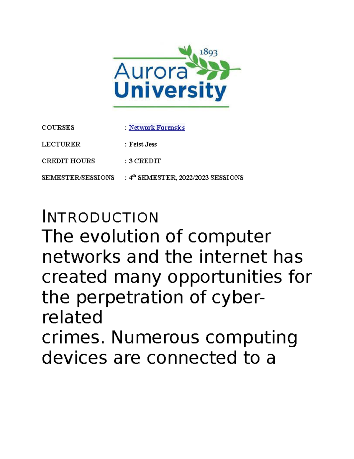 Introduction Network Forensics - COURSES : Network Forensics LECTURER ...