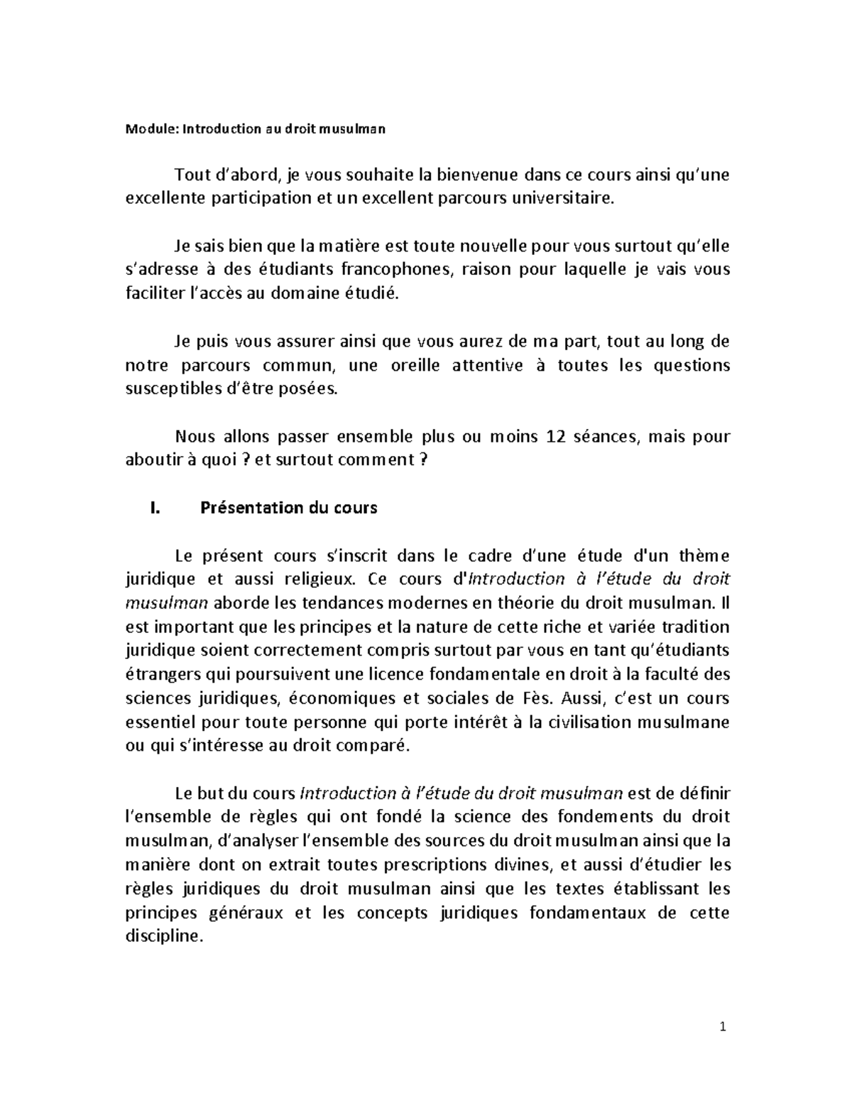 Droit Islamique - Module: Introduction au droit musulman Tout d’abord ...