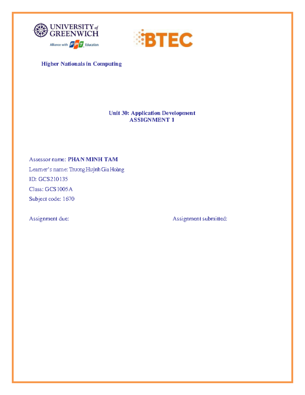1670 Gcs1005a Assignment 1 Higher Nationals In Computing Unit 30 Application Development