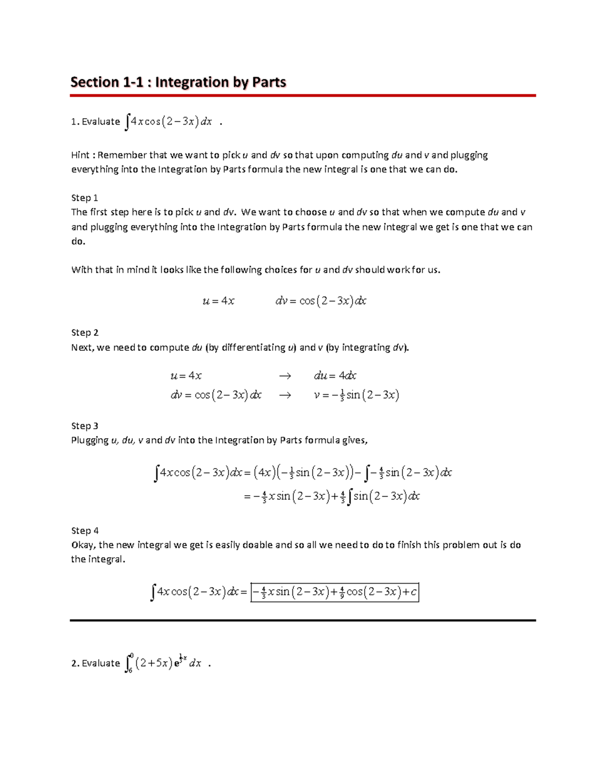 Calc II Int By Parts Solutions - 1. Evaluate ∫ 4 x cos 2( − 3 x dx ...