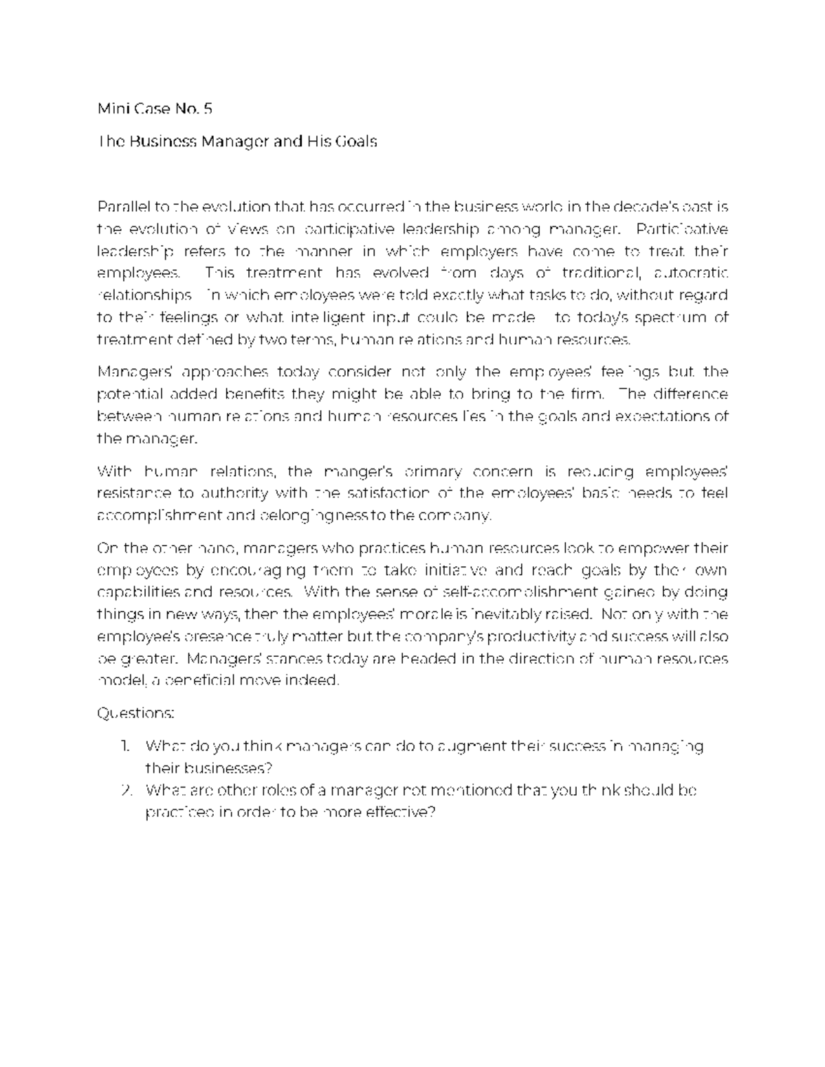 Mini Case No. 5 - To be able to apply the concepts by answering a mini ...