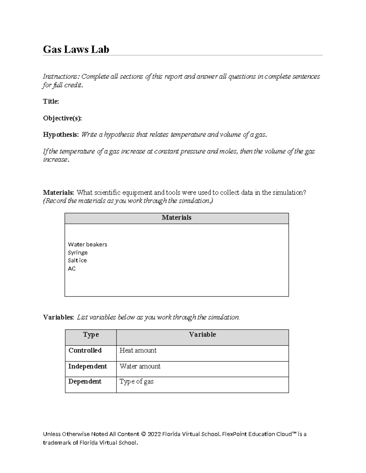 Michael chem6 - chemistry lab - Gas Laws Lab Instructions: Complete all ...