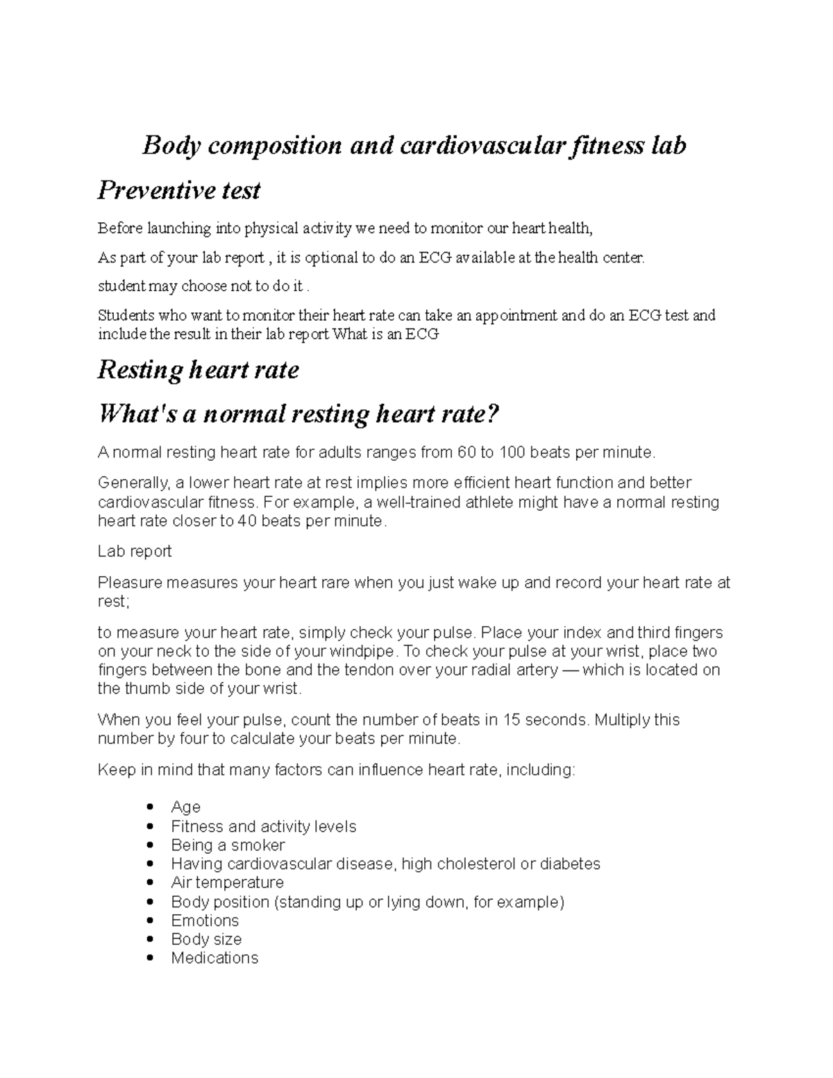 Fitness test lab spring 2022-2 - Body composition and cardiovascular ...