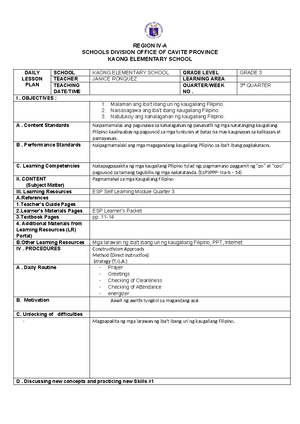 ESP week 3-4 - daily lesson plan - REGION IV-A SCHOOLS DIVISION OFFICE OF CAVITE PROVINCE KAONG ...