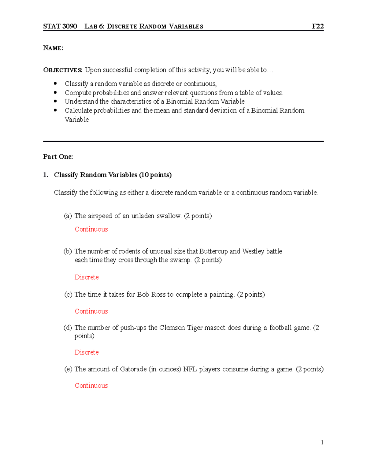 STAT 3090- Lab 6 - NAME: OBJECTIVES: Upon successful completion of this ...