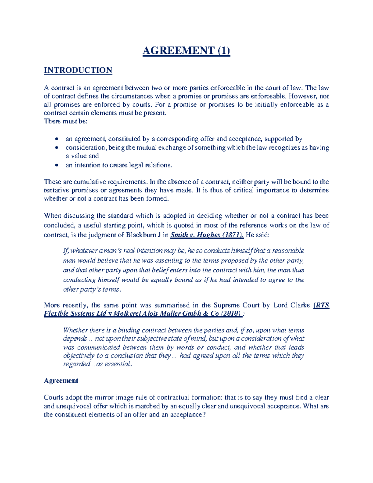 2.Offer and Acceptance - AGREEMENT (1) INTRODUCTION A contract is an ...
