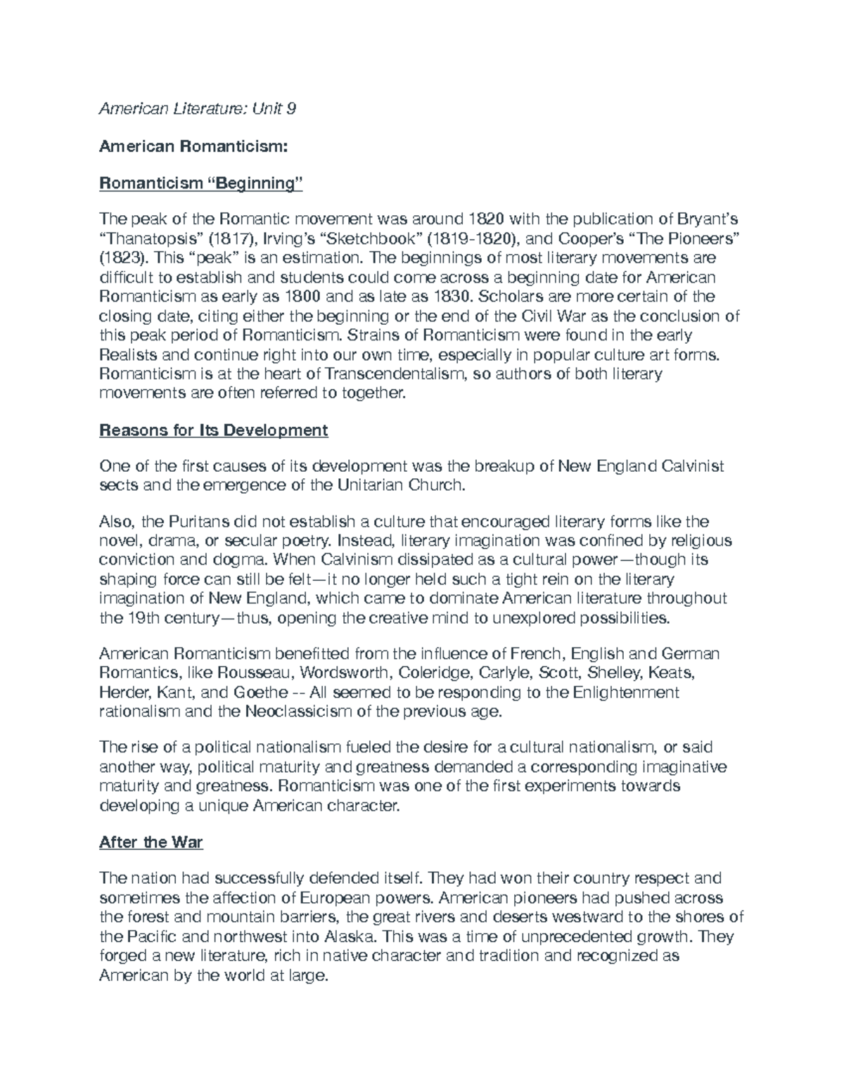 Amlit 9 - Romanticism American Literature Class Notes - American ...