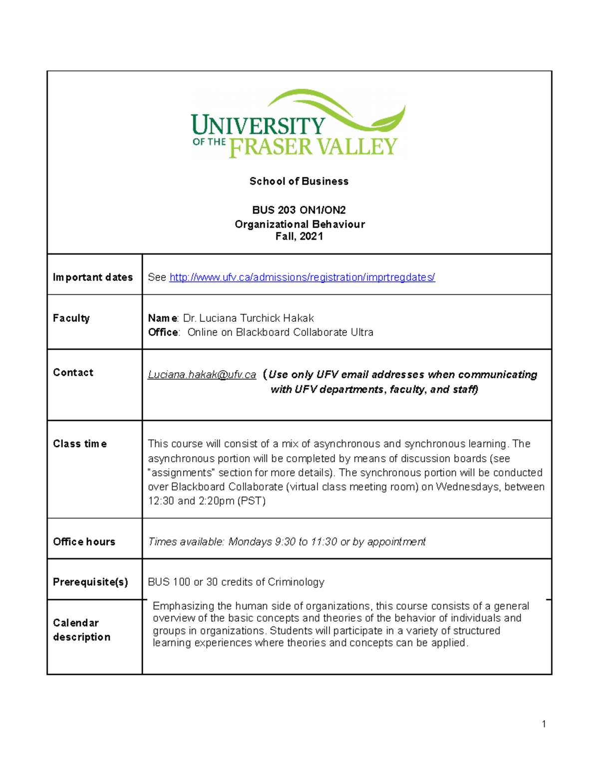 Course Syllabus BUS 203 F21 ON2 amended - School of Business BUS 203 ON1/ON Organizational ...