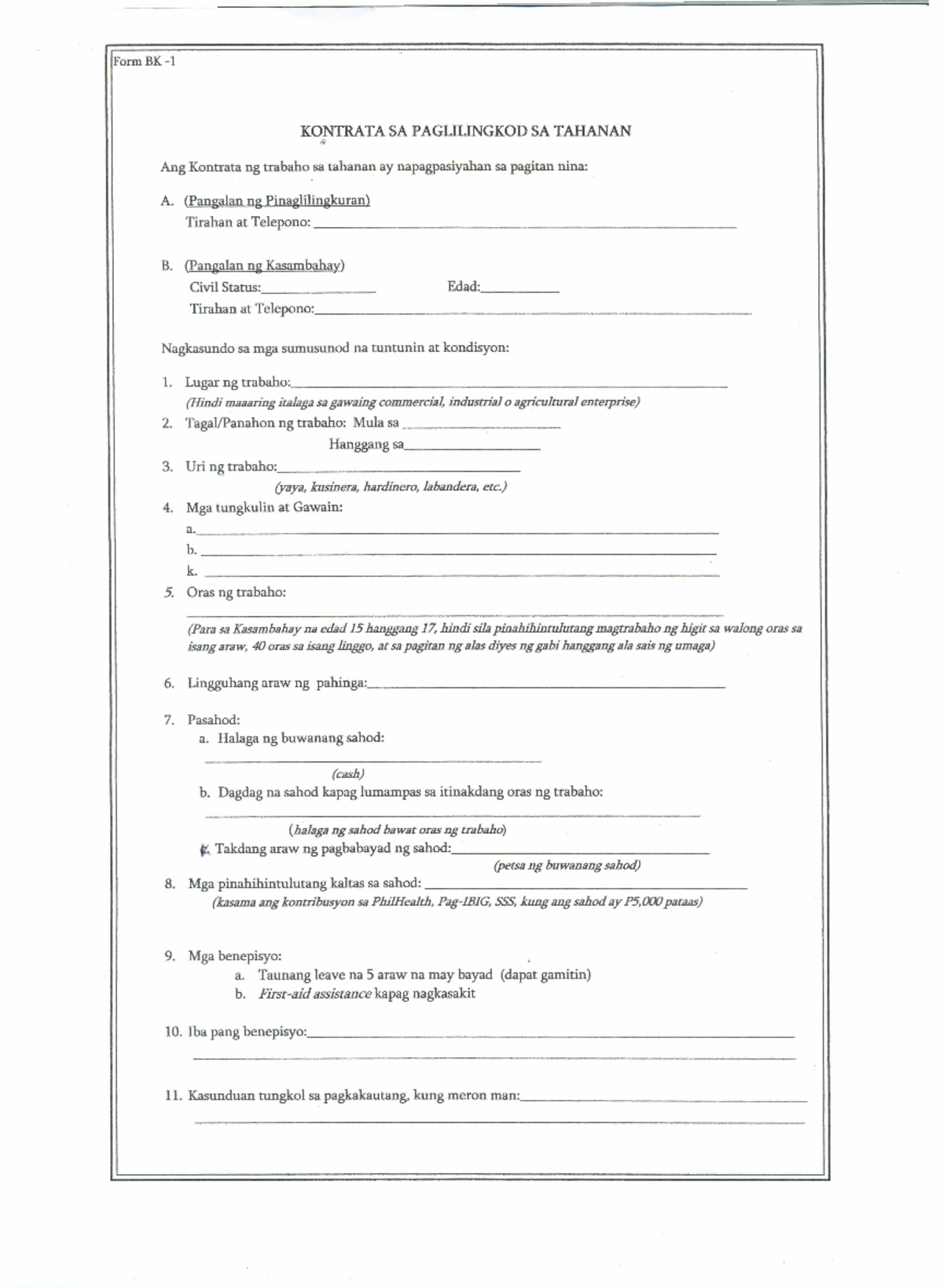 Kasambahay-report-forms - Form BK-l KONTRATA SA PAGULINGKOD.•. SA ...