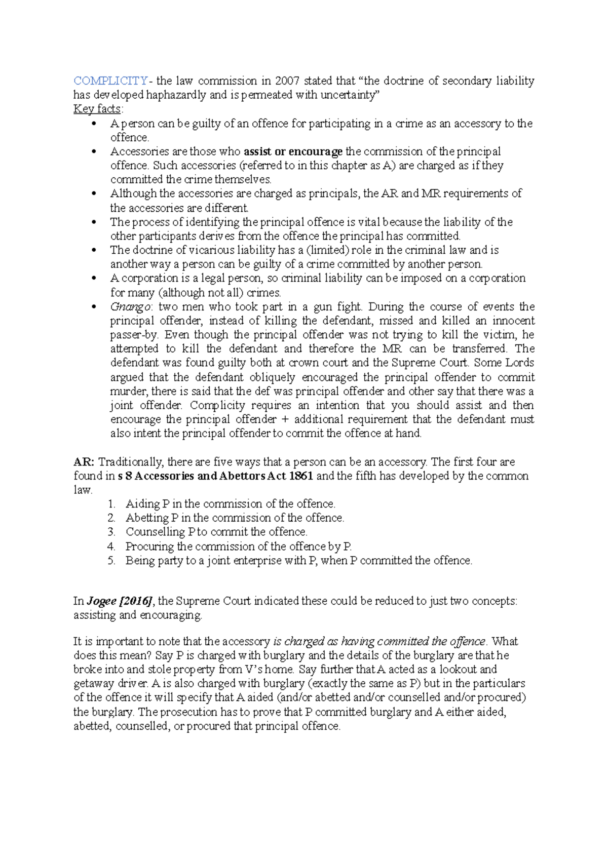 Complicity - Lecture notes 3 - COMPLICITY- the law commission in 2007 ...