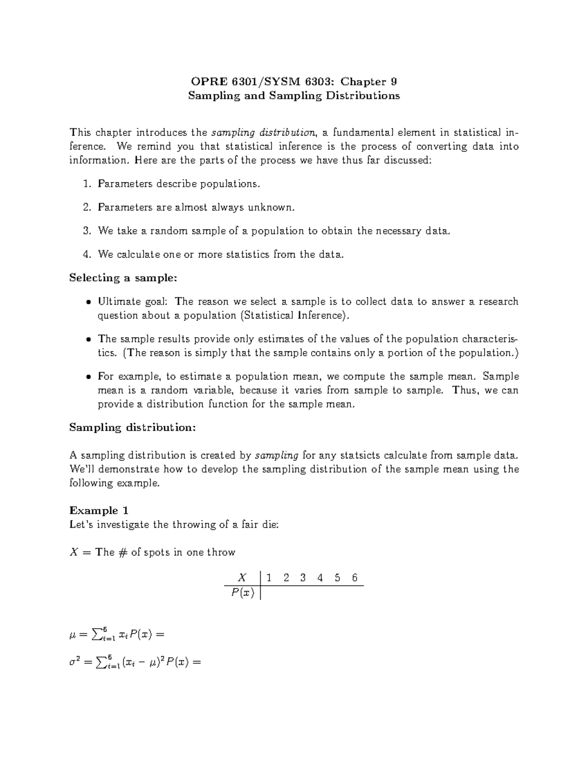Chapter 09 - OPRE 6301 - OPRE 6301/SYSM 6303: Chapter 9 Sampling and Sampling Distributions This ...
