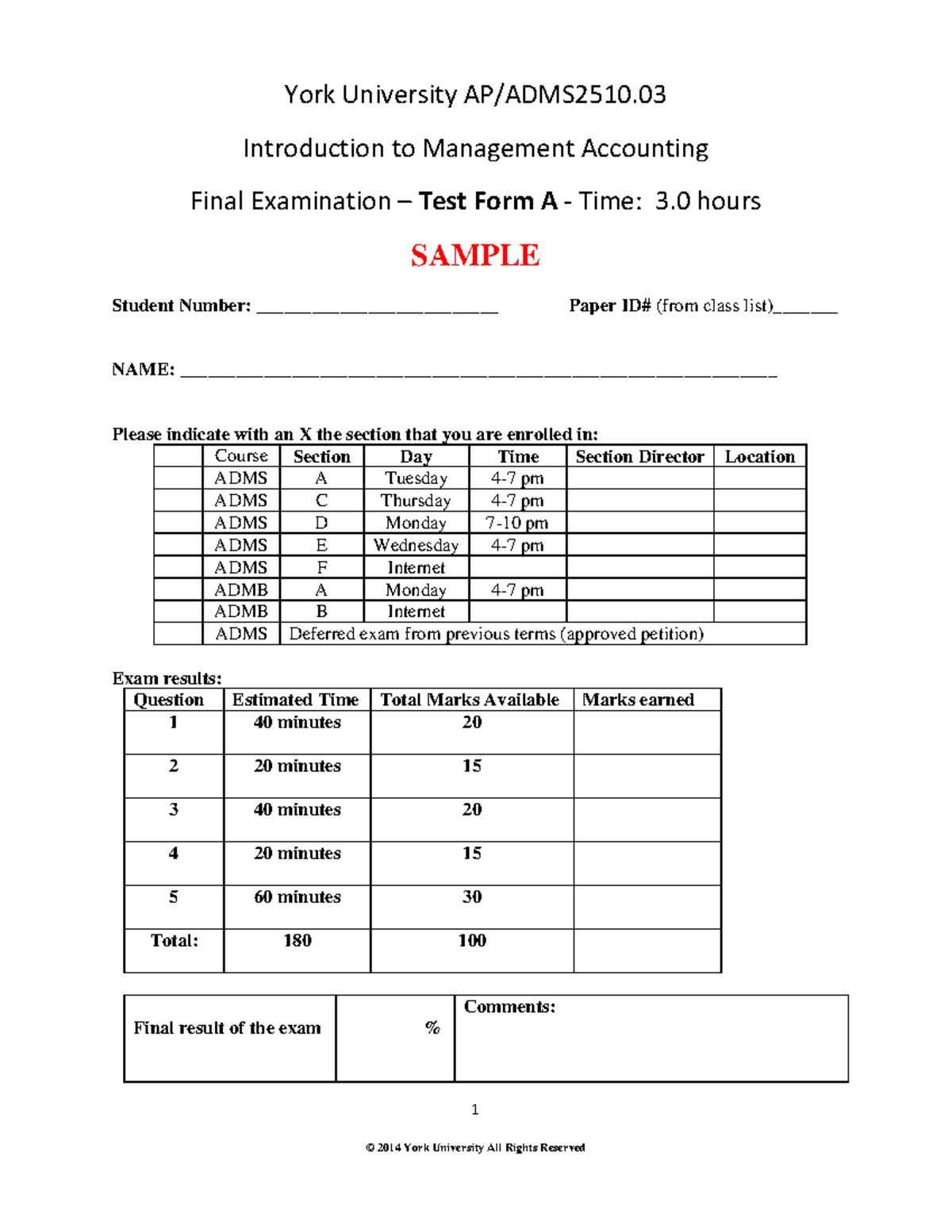 Sample/practice exam August 2014, questions - version A - York ...