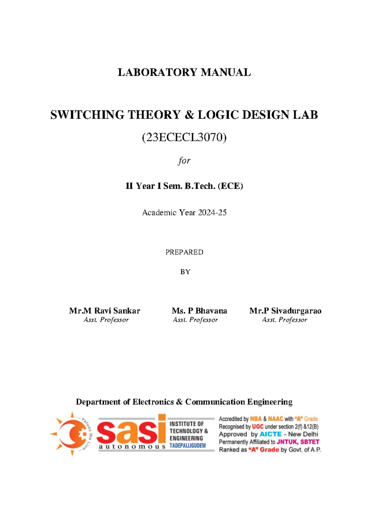 STLD LAB Manual II ECE - LABORATORY MANUAL SWITCHING THEORY & LOGIC DESIGN LAB (23ECECL3070) for ...