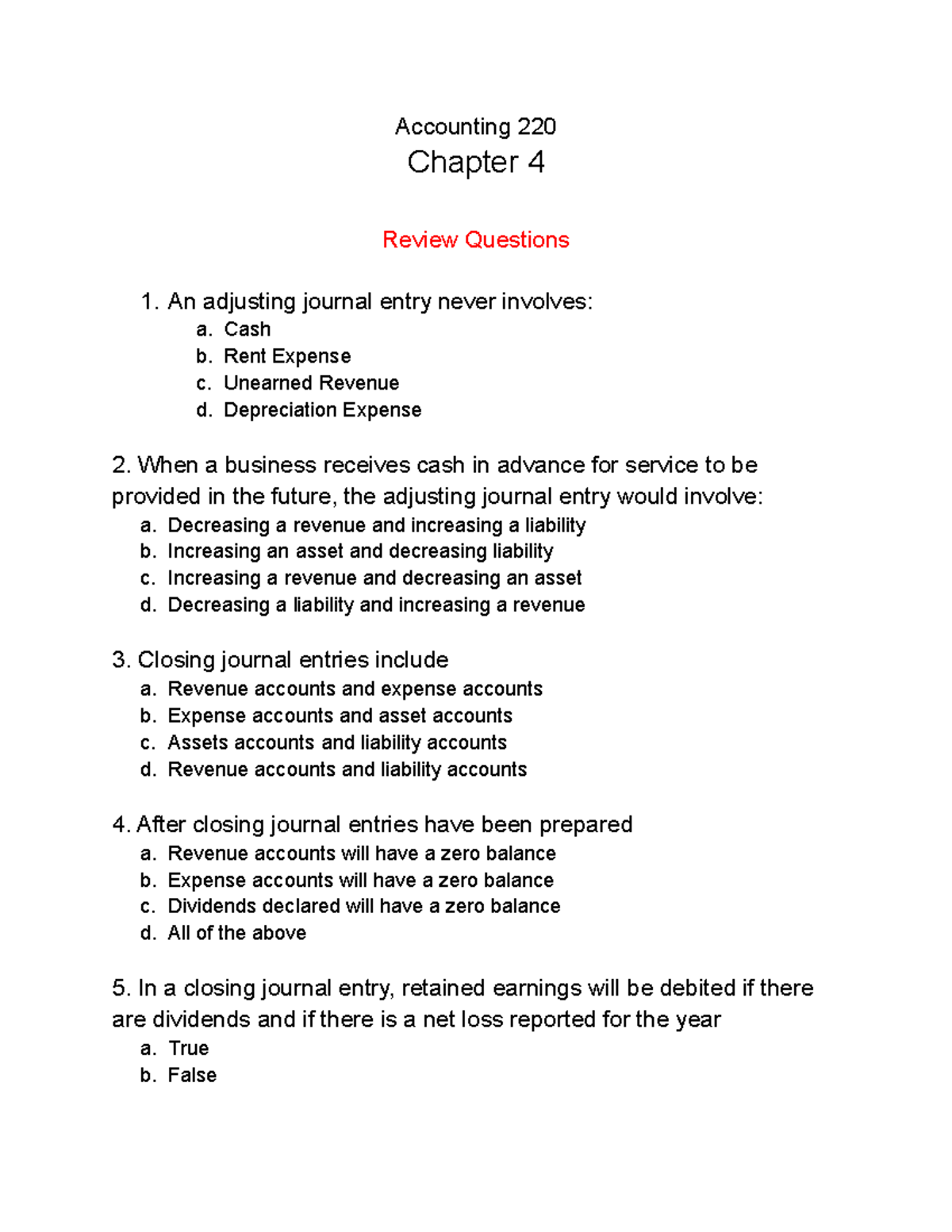 Accounting 220 chp 4 questions - Accounting 220 Chapter 4 Review ...