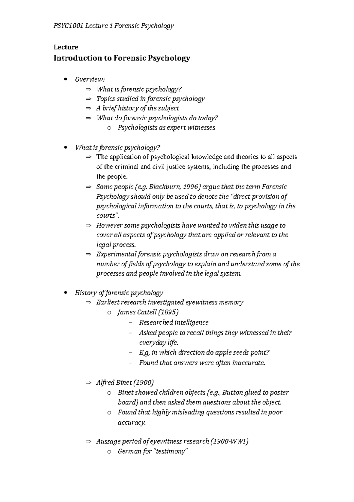 Lecture notes, lectures 1-6 - forensic psychology - Lecture ...