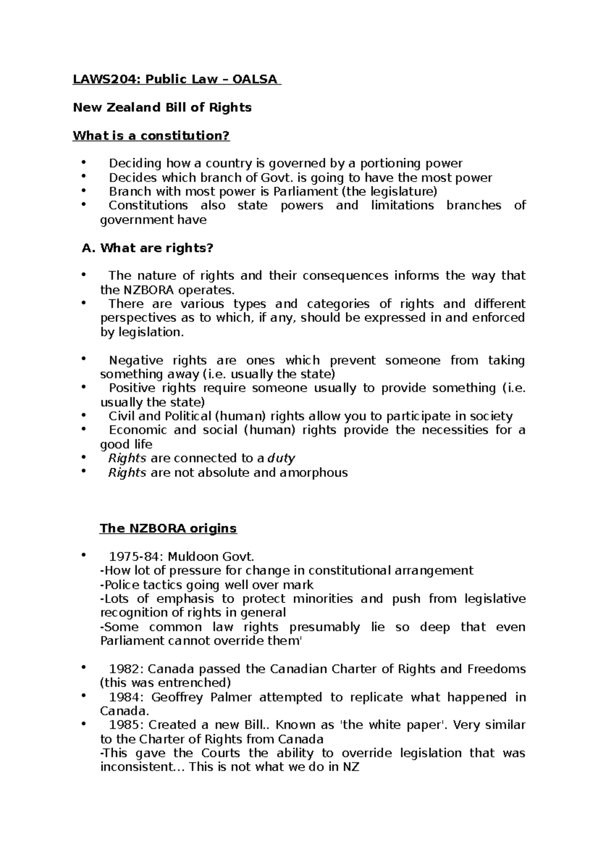 LAWS204 Nzbora Notes - LAWS204: Public Law – OALSA New Zealand Bill of ...