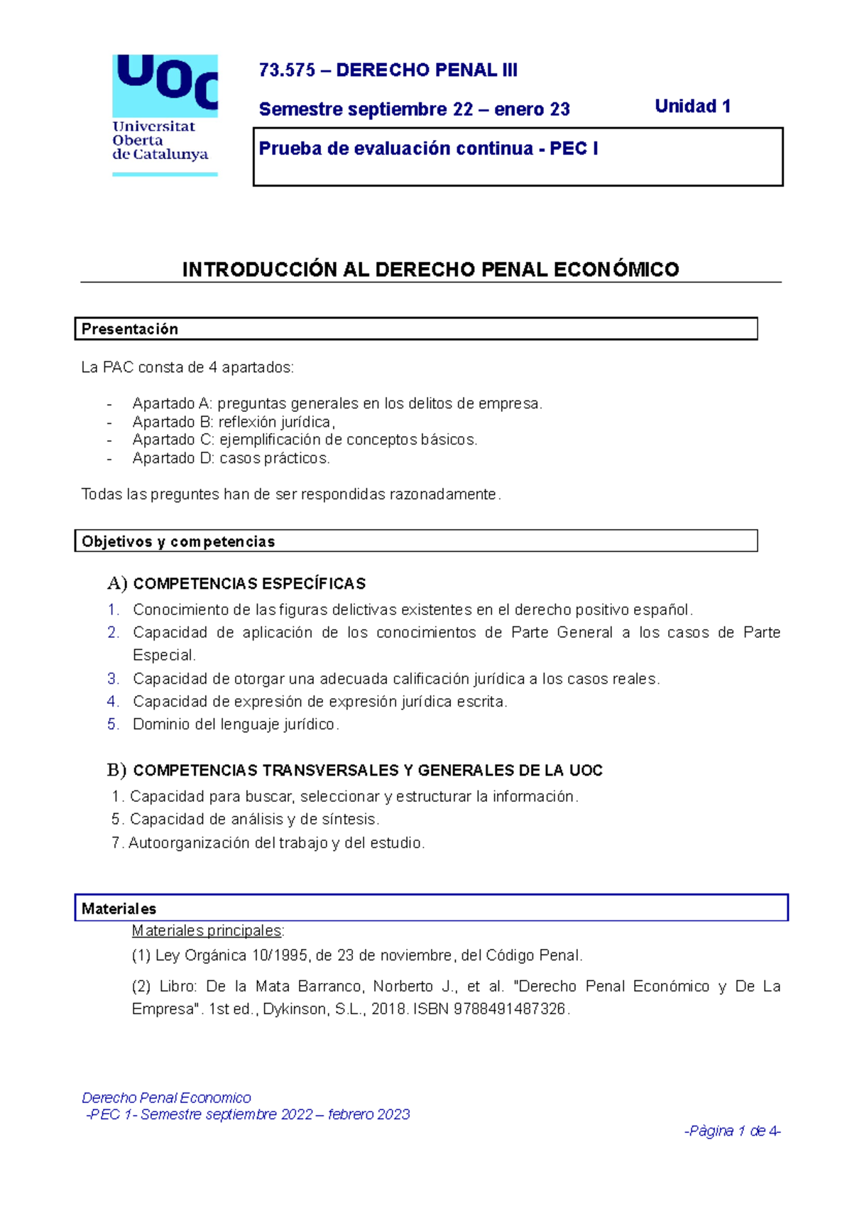 ejercicio pec 1 - 73 – DERECHO PENAL III Semestre septiembre 22 – enero 23 Unidad 1 Prueba de ...