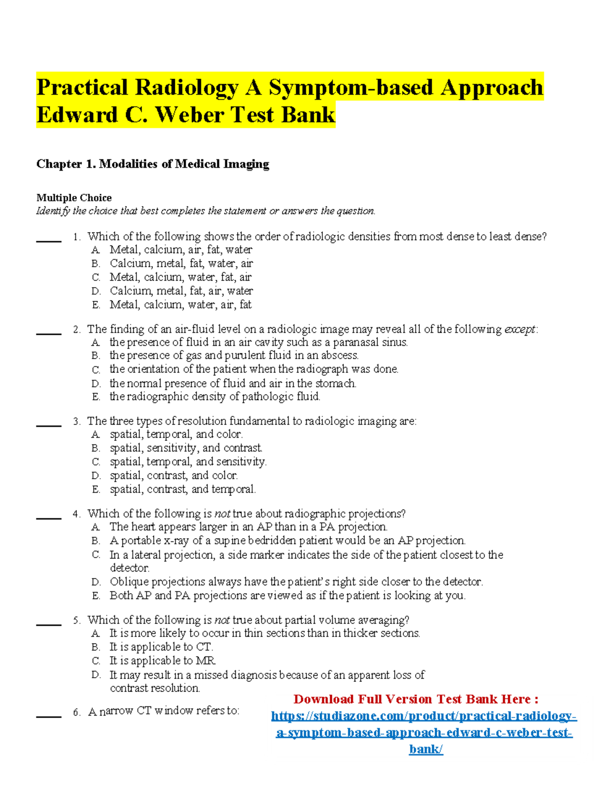 Practical Radiology A Symptom-based Approach Edward C. Weber Test Bank ...