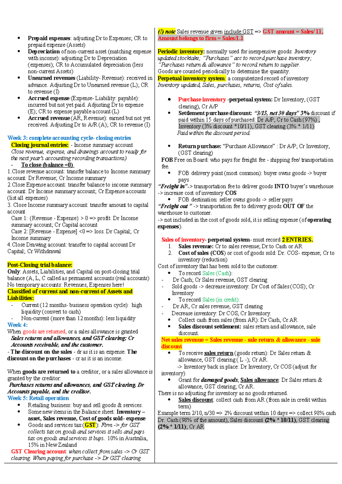ACFI1002 Mid-semester test cheet sheet - Prepaid expenses: adjusting Dr ...