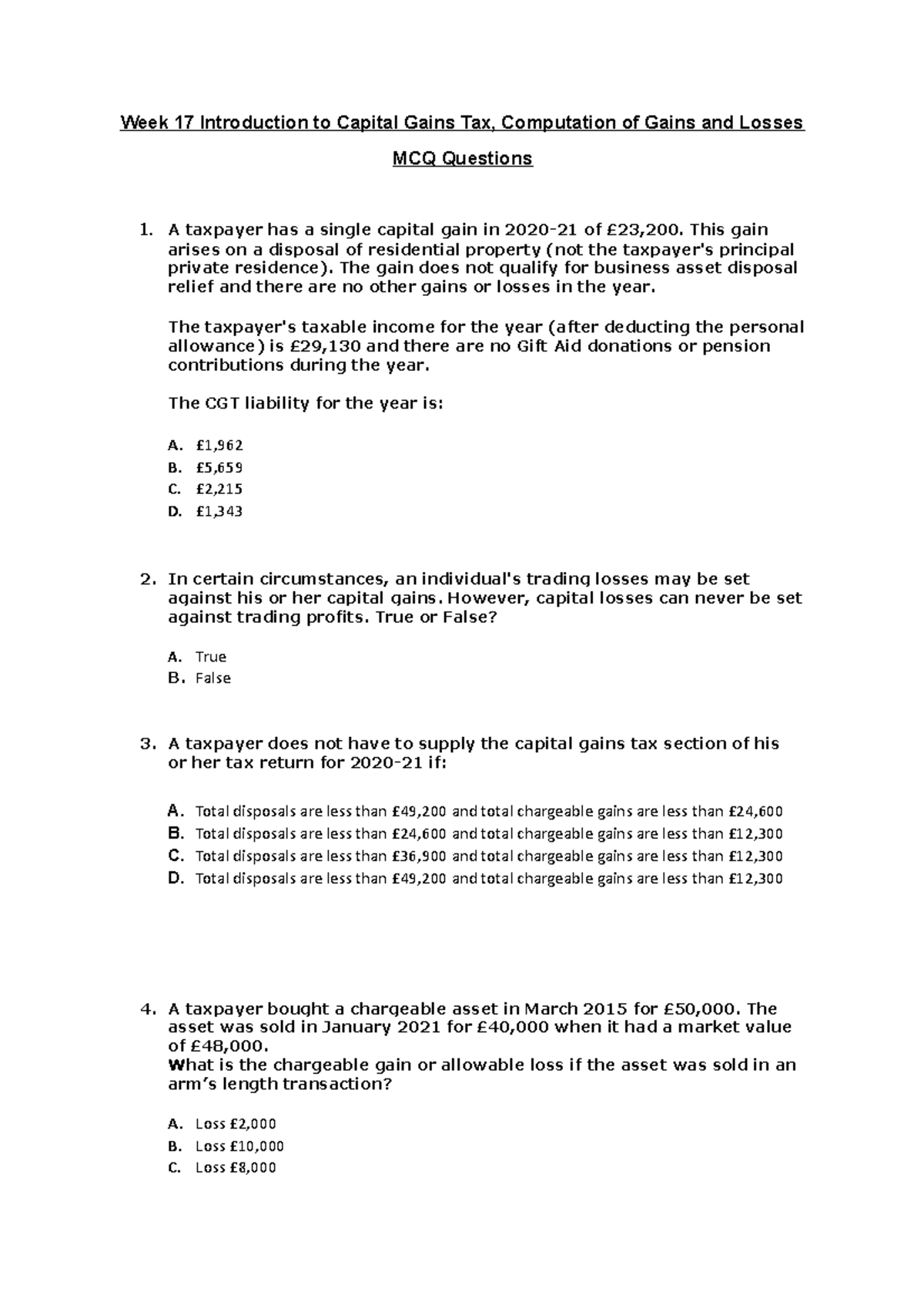 Seminar 1 MSQs Questions - Week 17 Introduction to Capital Gains Tax ...