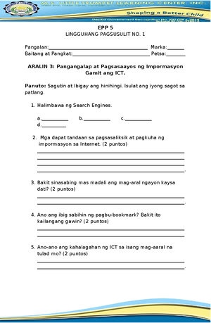 2ND Periodical EPP5 - EPP5 2ND QUARTER EXAM - PANGALAWANG PAGSUSULIT E.P V - Studocu