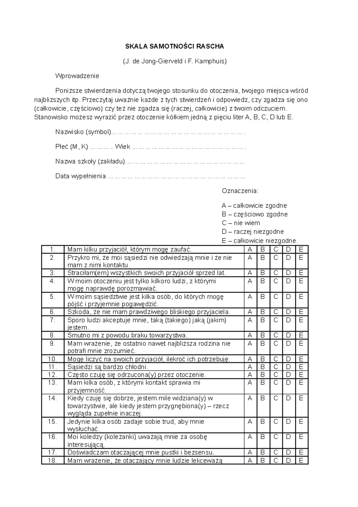 Skala Samotności Rascha - SKALA SAMOTNOŚCI RASCHA (J. de Jong-Gierveld ...