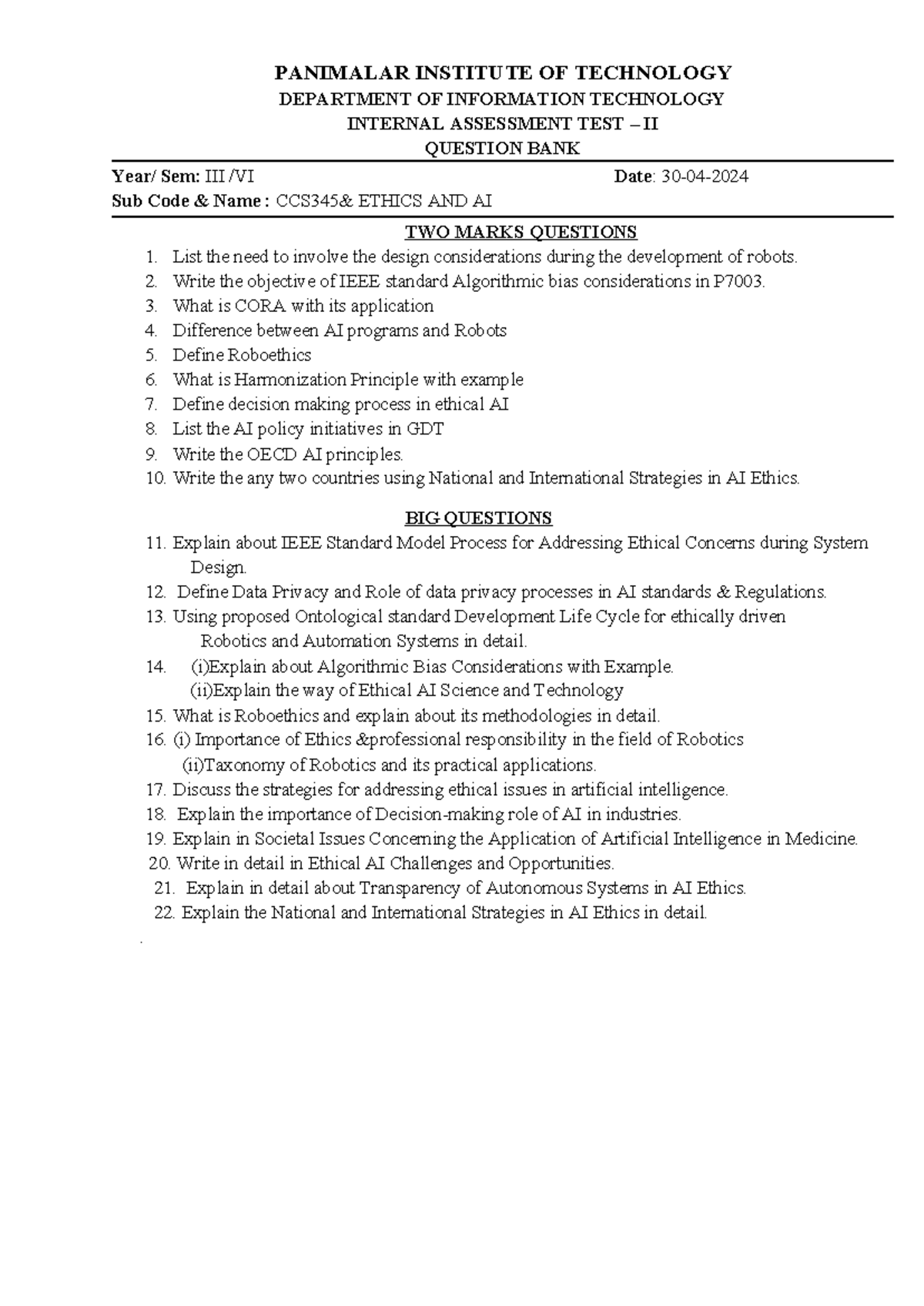 QB CCS345-E&AI - Question bank - PANIMALAR INSTITUTE OF TECHNOLOGY DEPARTMENT OF INFORMATION ...