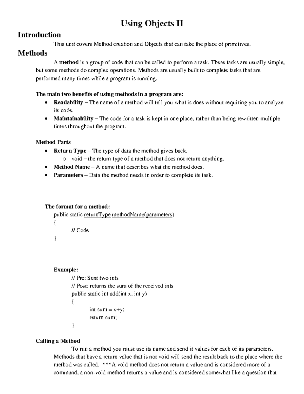 Unit 30 Using Objects 2 Using Objects Ii Introduction This Unit Covers Method Creation And 6426