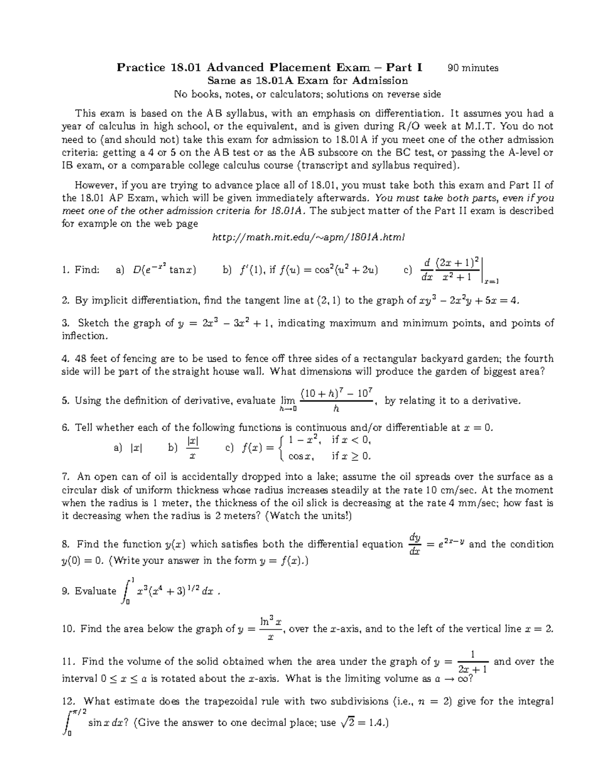 Practice 18.01 Advanced Placement Exam – Part I - Practice 18 Advanced ...