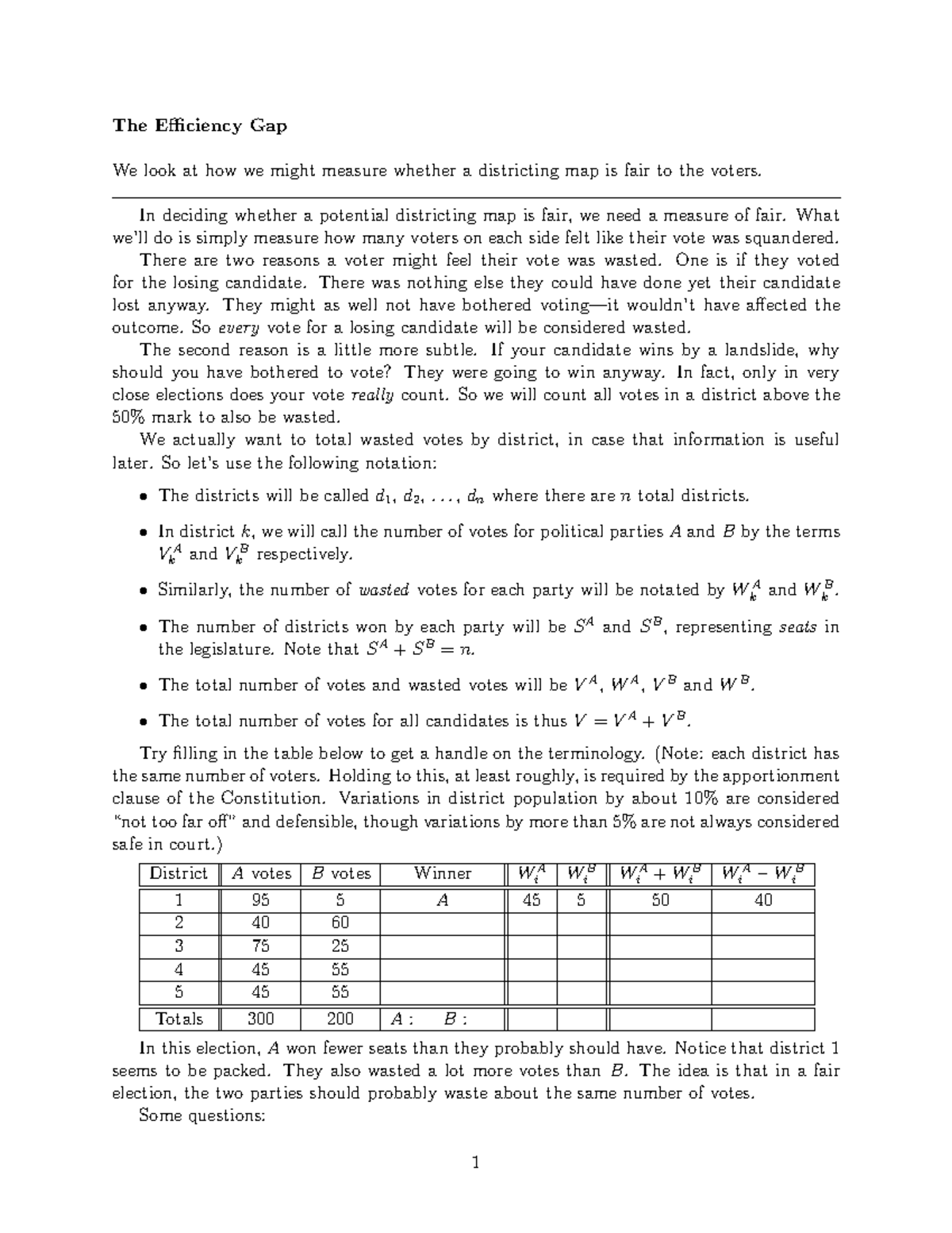 Voting 2 Efficiency Gap - The Efficiency Gap We look at how we might ...