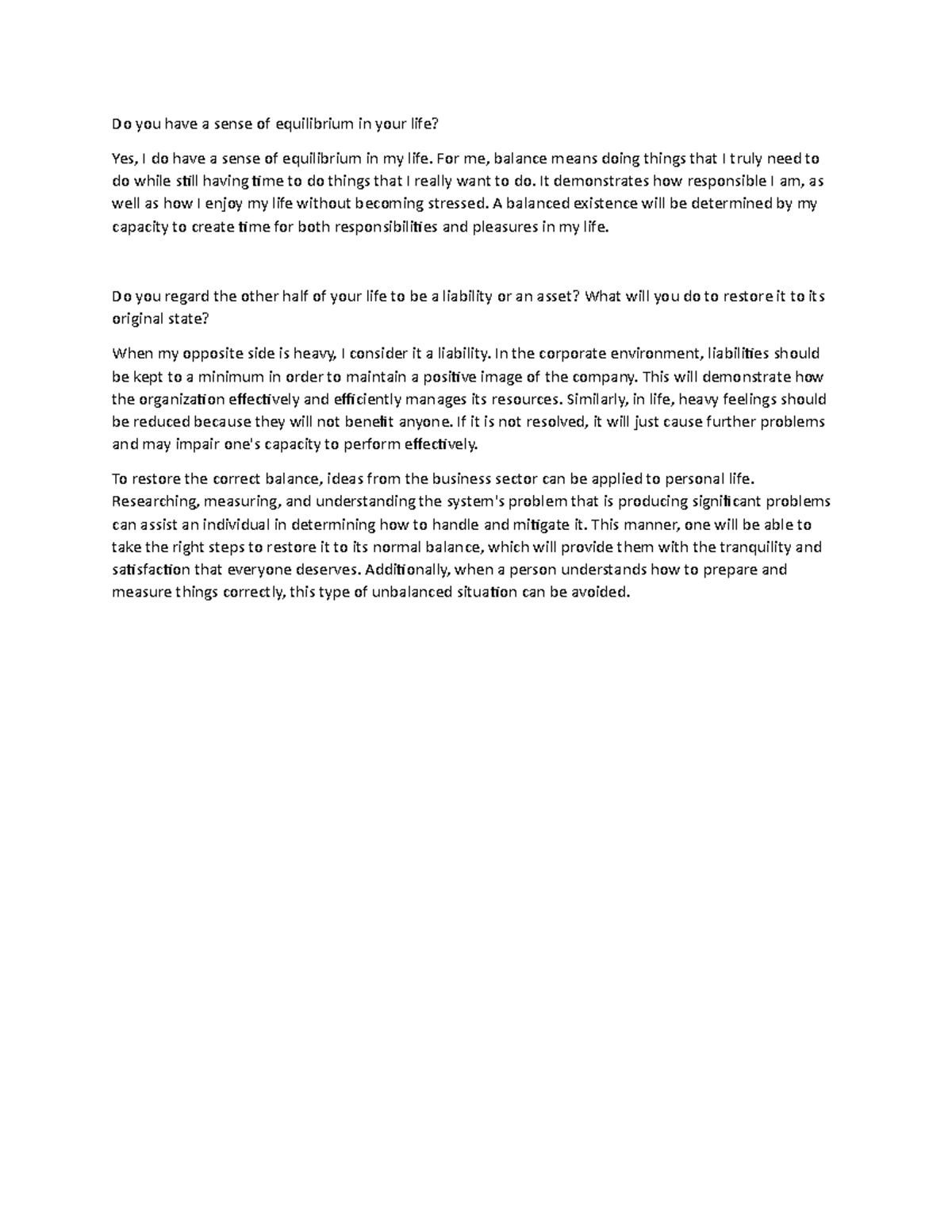 Balance in life - Assignment for you. I hope it helps. Good day! - Do ...