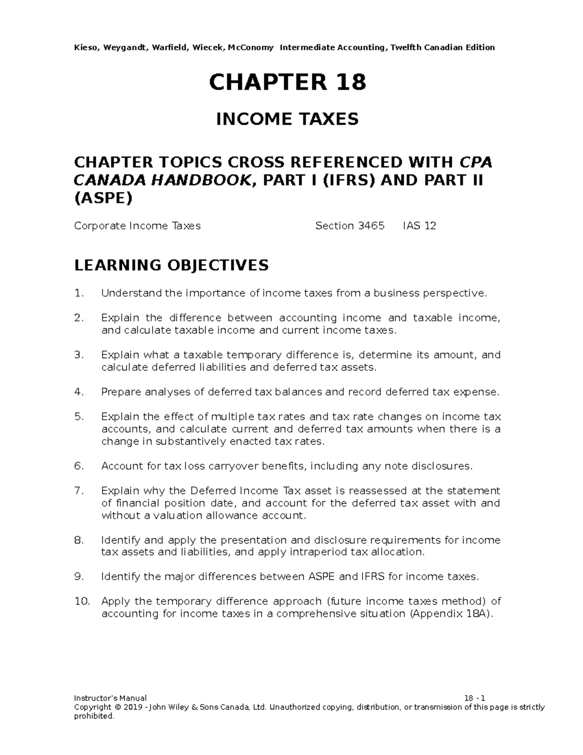 Ch18 - textbook - CHAPTER 18 INCOME TAXES CHAPTER TOPICS CROSS ...