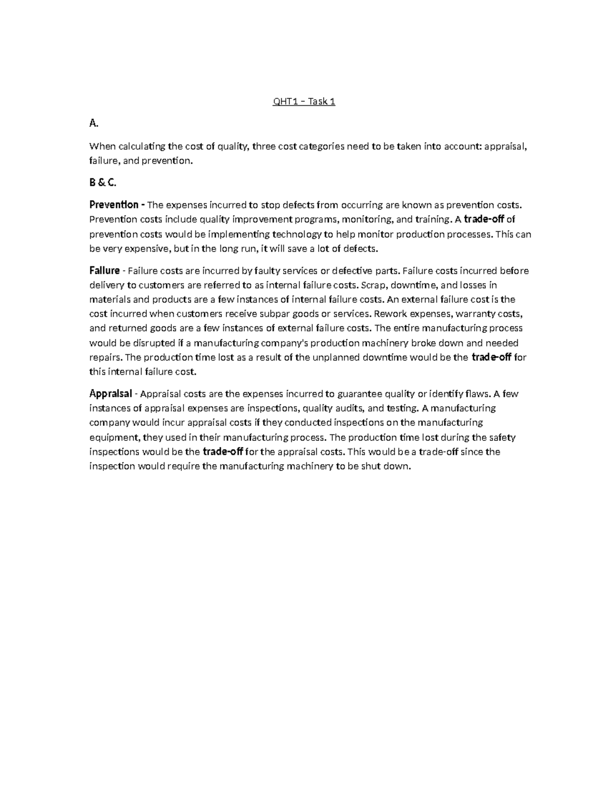 QHT1 - Task 1 - WGU QHT1 - QHT1 – Task 1 A. When calculating the cost ...