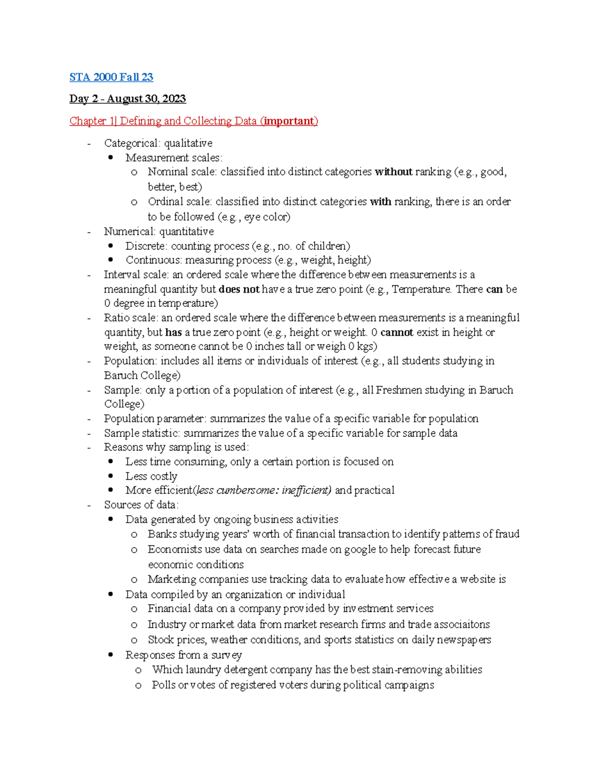 Notes STA 2000 - STA 2000 Fall 23 Day 2 - August 30, 2023 Chapter 1 ...