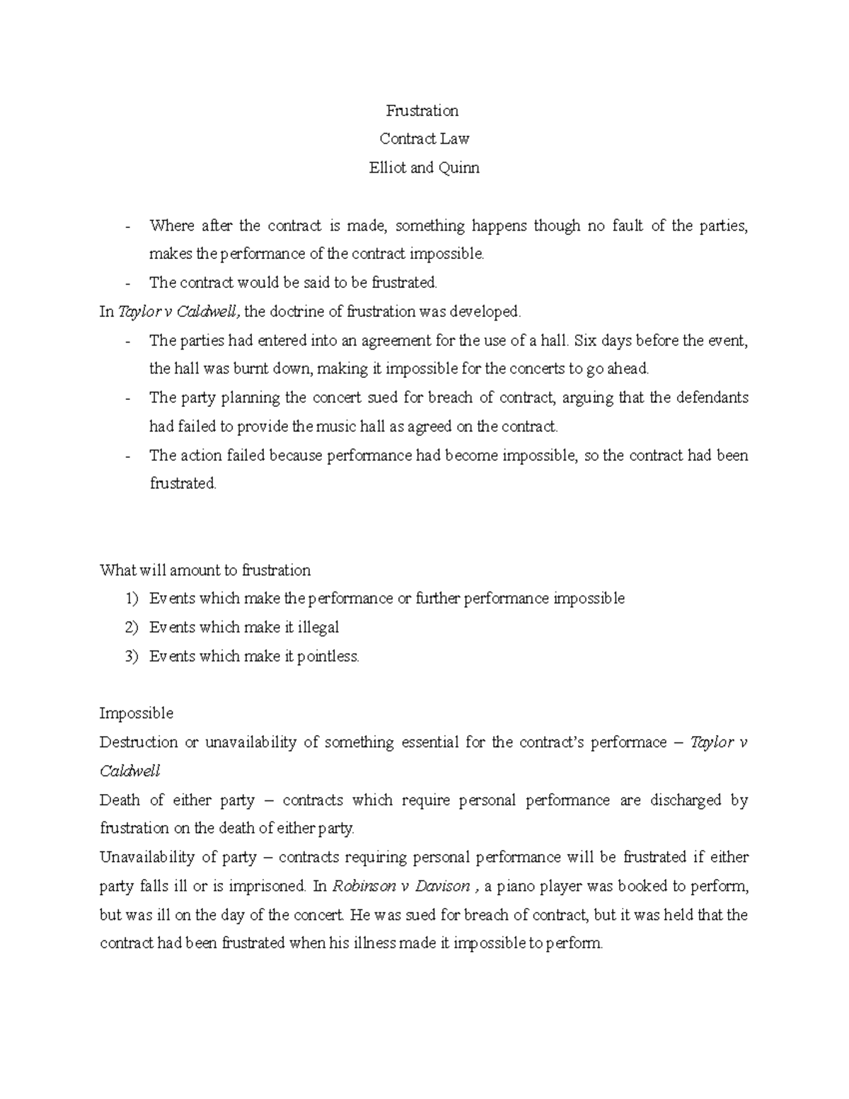 Frustration Elliot and Quinn - Frustration Contract Law Elliot and ...