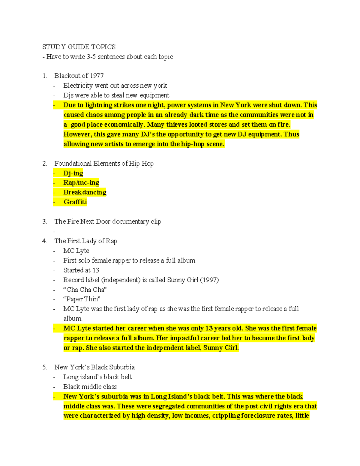 Hip Hop Midterm Study Guide - STUDY GUIDE TOPICS Have to write 3-5 ...