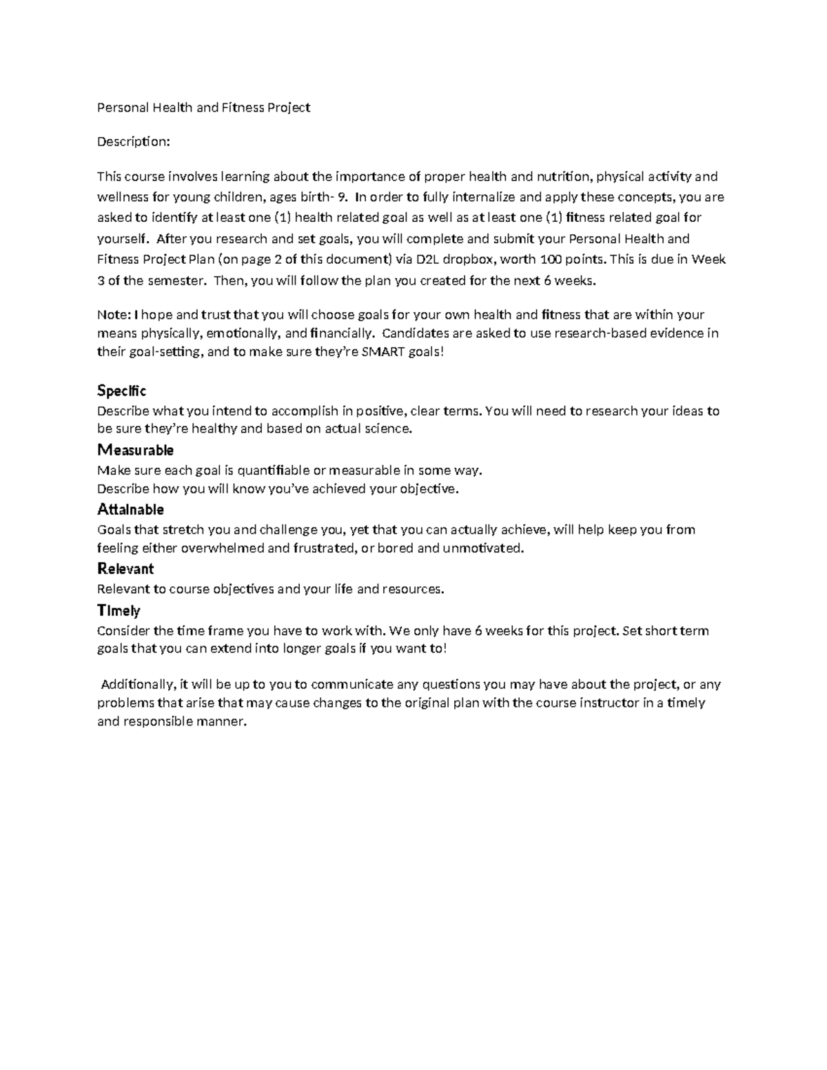 ACHD 250 Personal Health and Fitness Project Plan description and ...