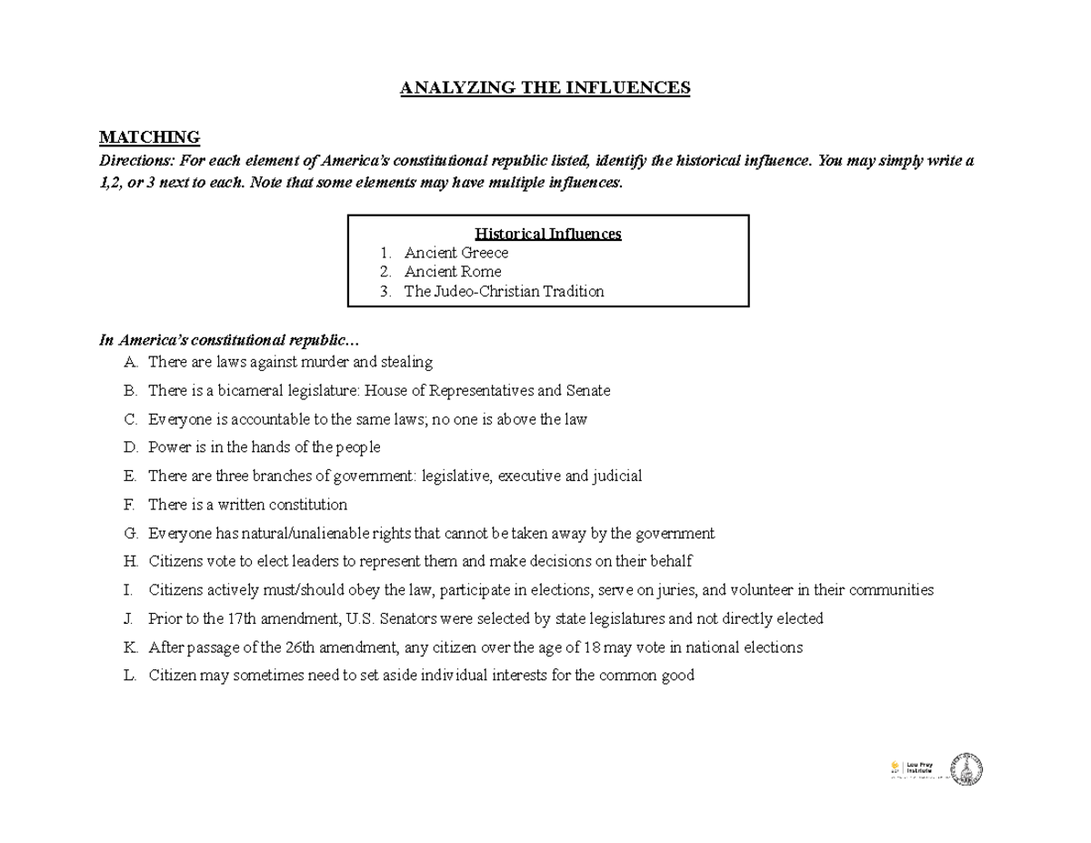 Analyzing the Influences - ANALYZING THE INFLUENCES MATCHING Directions: For each element of ...