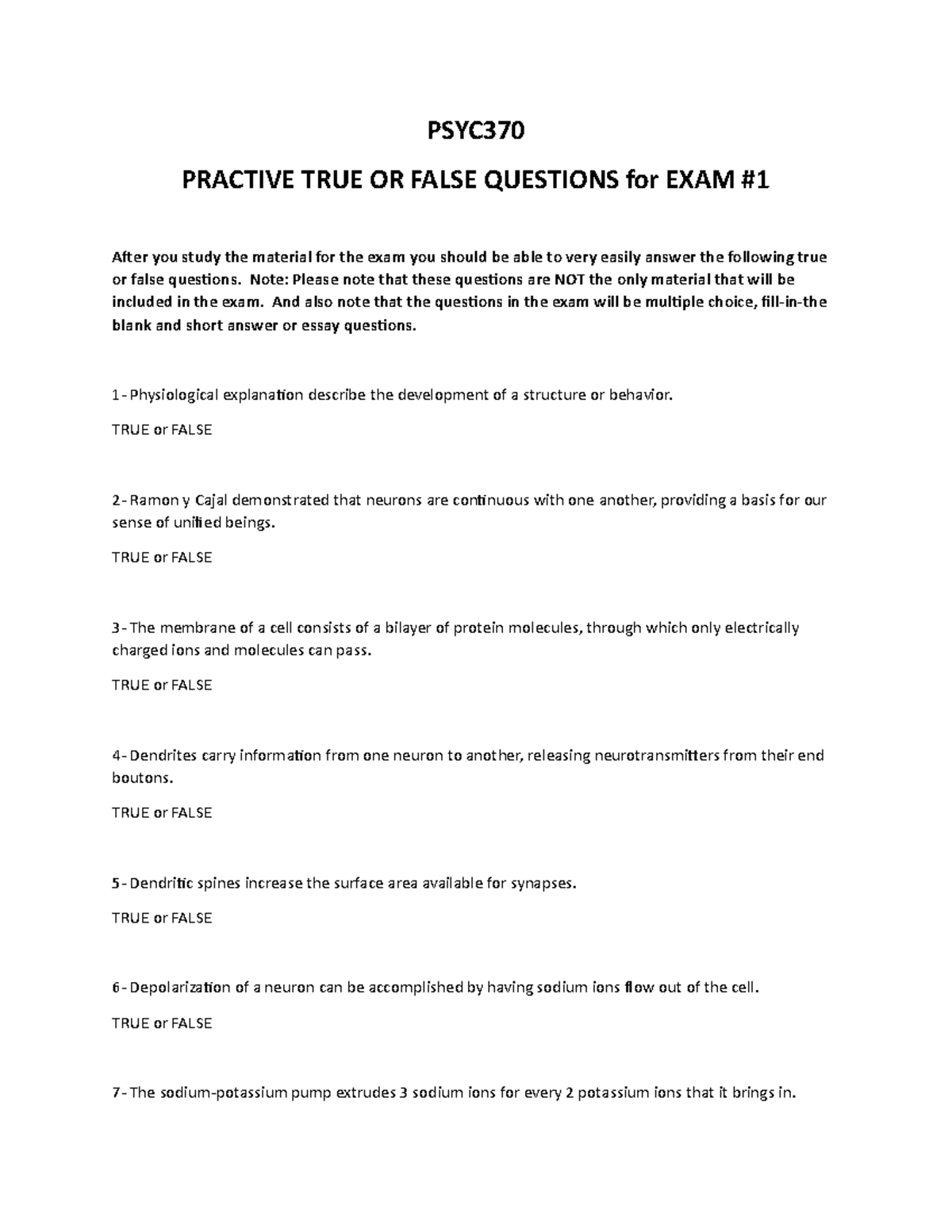Exam #1- Practice true or false questions - PSYC PRACTIVE TRUE OR FALSE ...