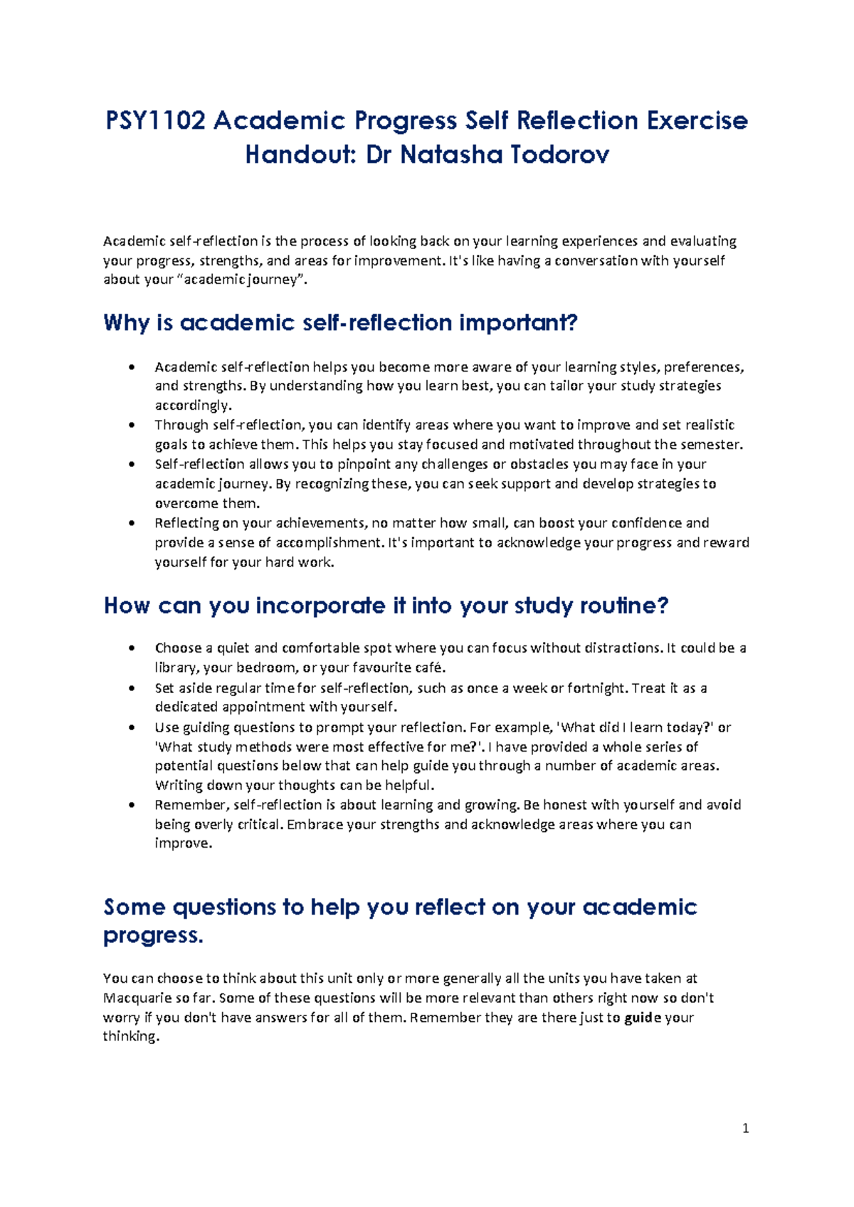 Academic self reflection Guide Natasha Todorov - PSY1102 Academic ...