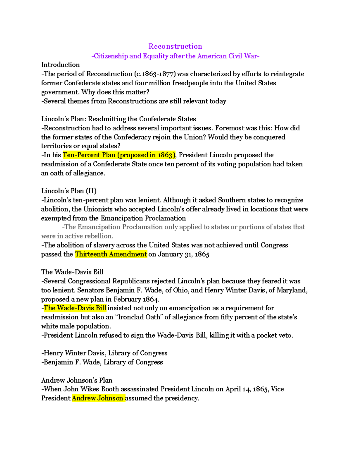 Reconstruction notes History 153 - Reconstruction -Citizenship and ...